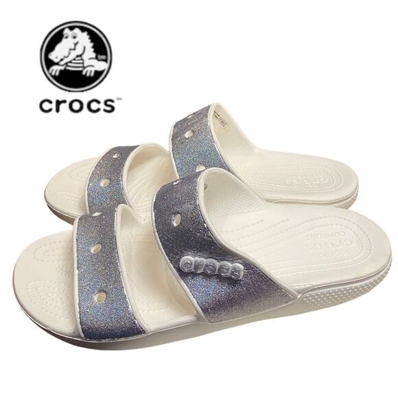 CROCS | Shoes | Crocs Classic Glitter Womens Menssilver White Slide ...